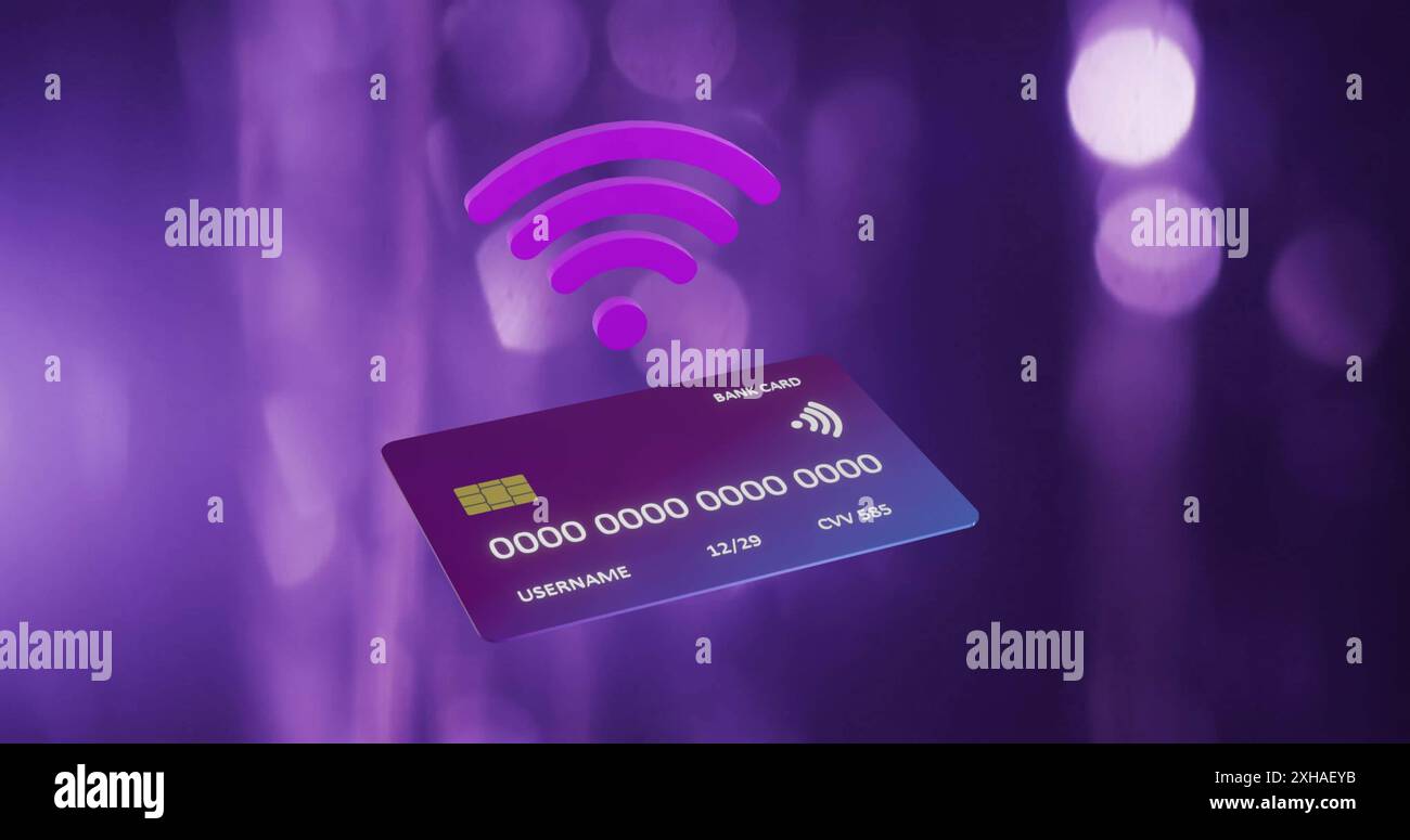 Contactless payment, credit card with wireless symbol, digital finance ...