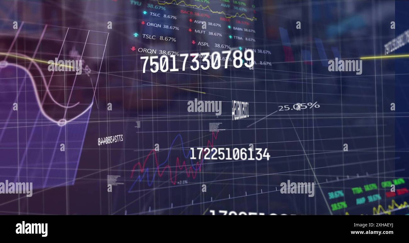 Analyzing financial data, digital graphs and numbers on transparent ...