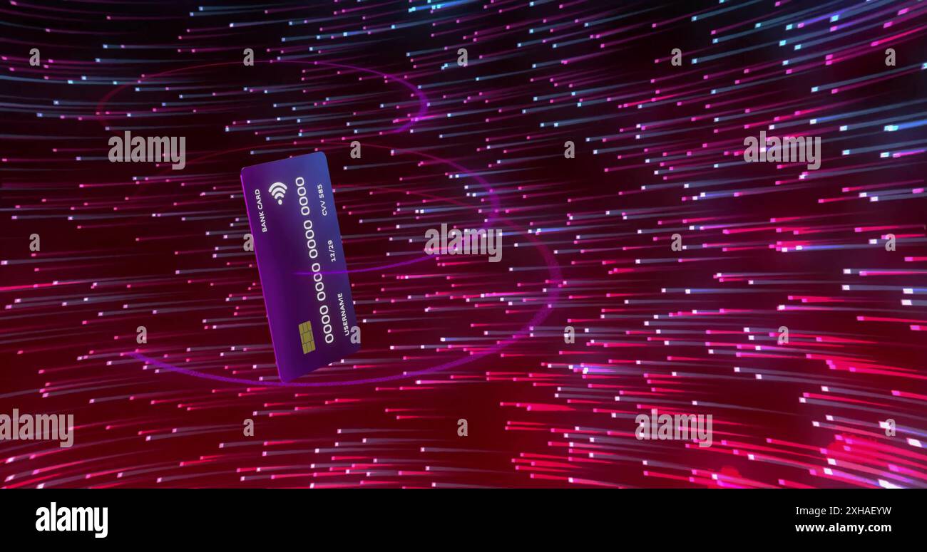 Floating credit card in digital space with vibrant light trails ...