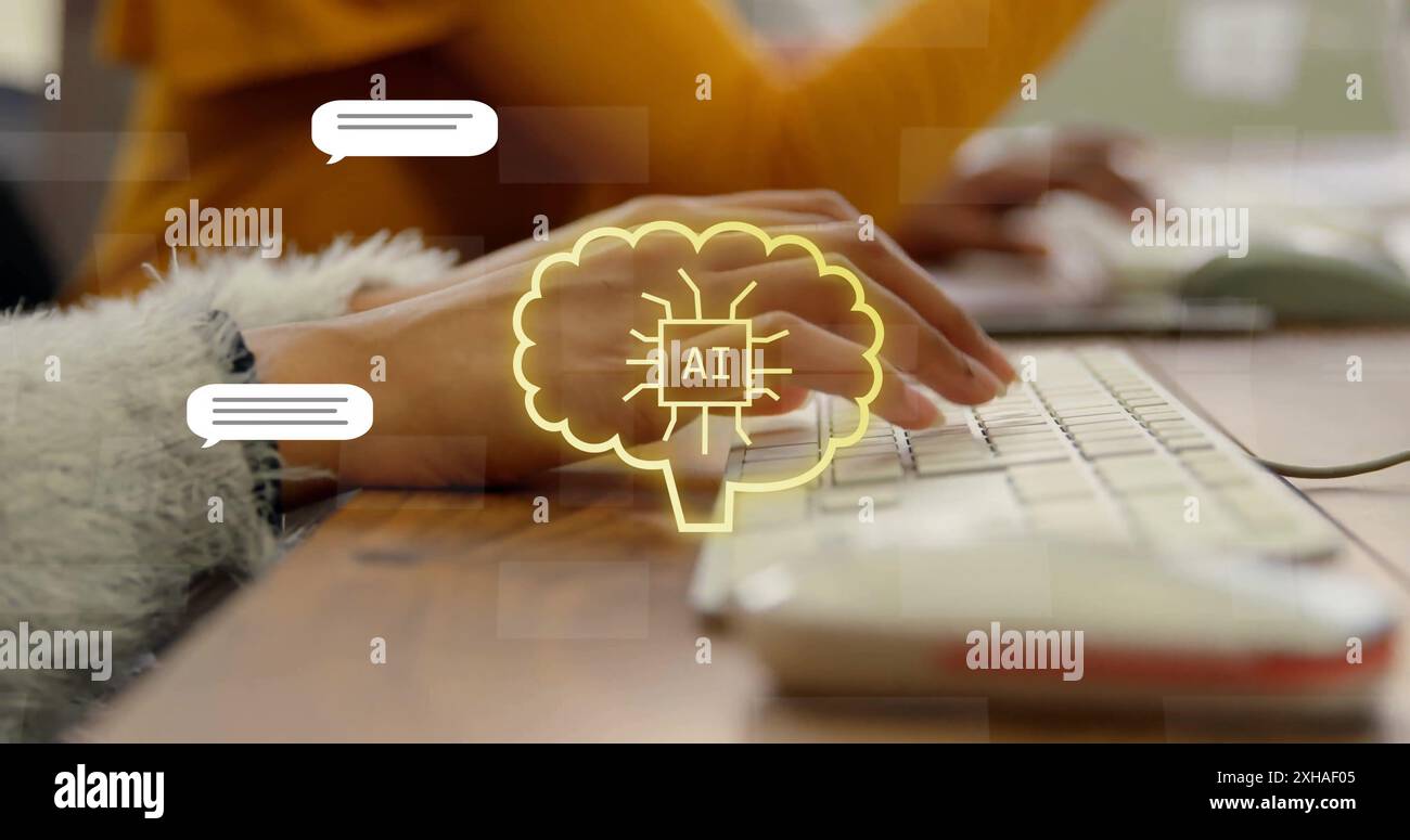 Typing on keyboard, person interacting with AI technology and chat ...