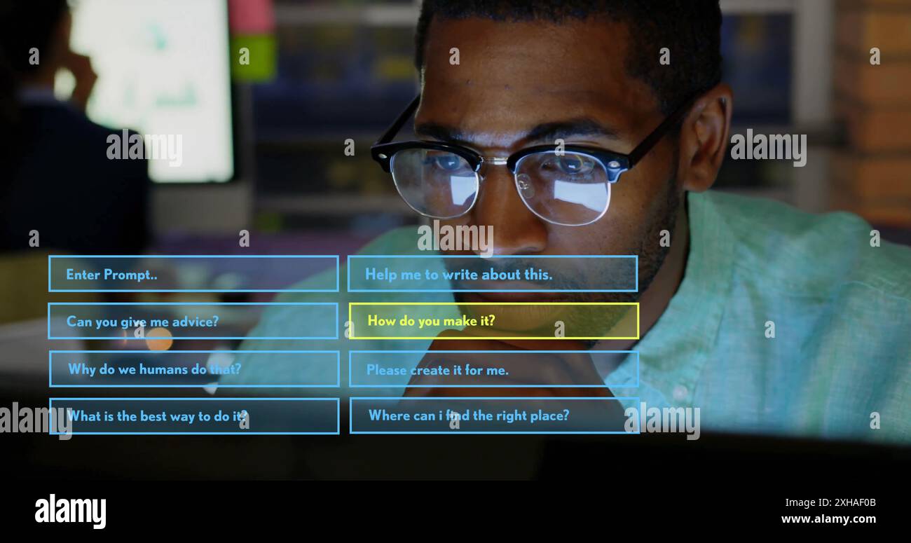 Using computer, man interacting with artificial intelligence interface for assistance ...