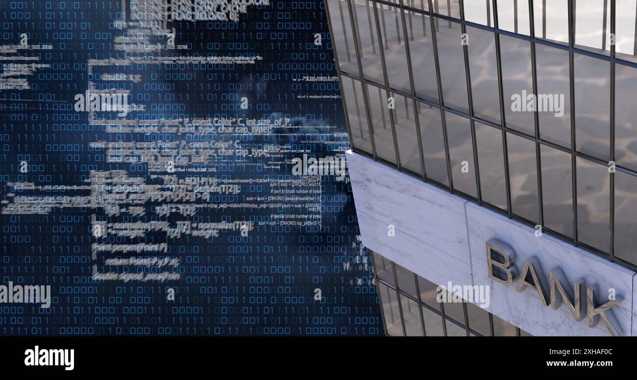 Digital code overlaying bank building, representing fintech and ...
