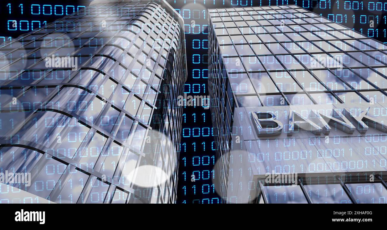 Overlaying digital binary code on modern bank skyscrapers, representing ...