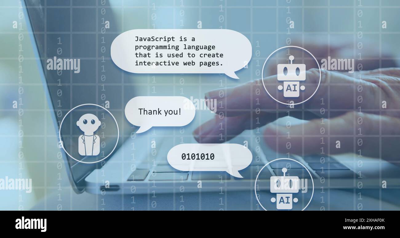Typing on laptop, person programming AI chatbots and interacting with messages. Technology ...