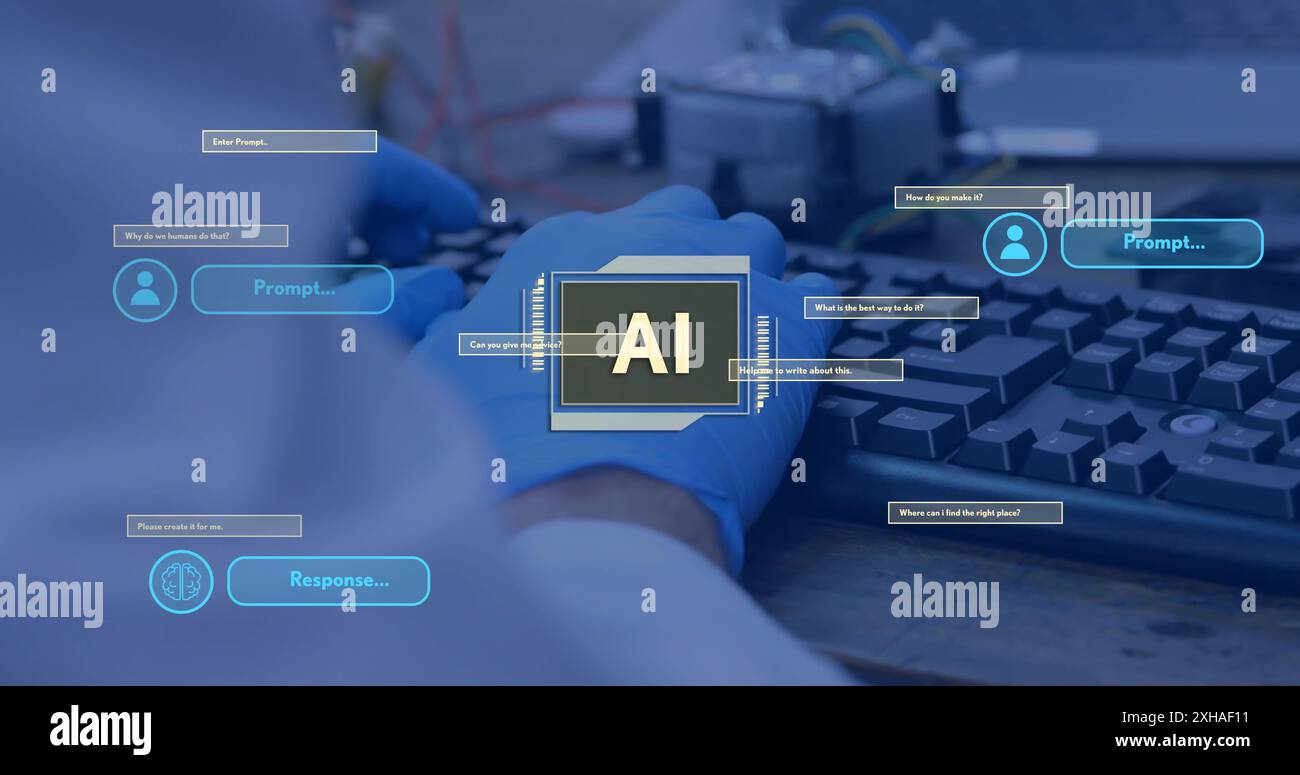 Typing on keyboard, person interacting with AI interface, wearing blue ...