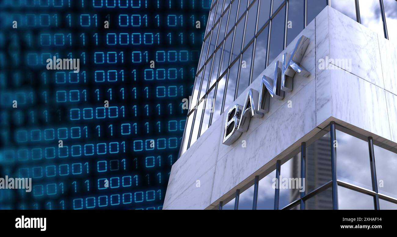 Bank building with digital binary code overlay, representing modern financial tech. Fintech ...