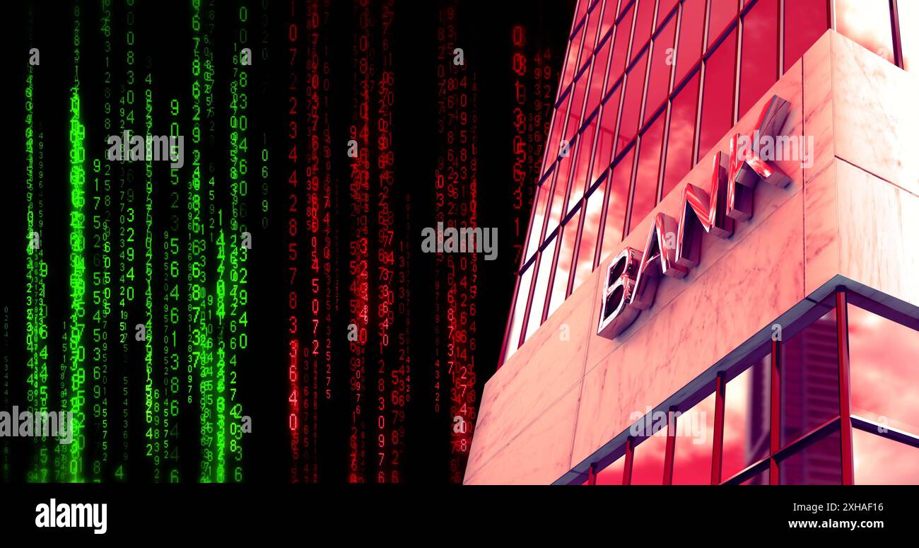 Bank building with digital code overlay, representing modern financial ...