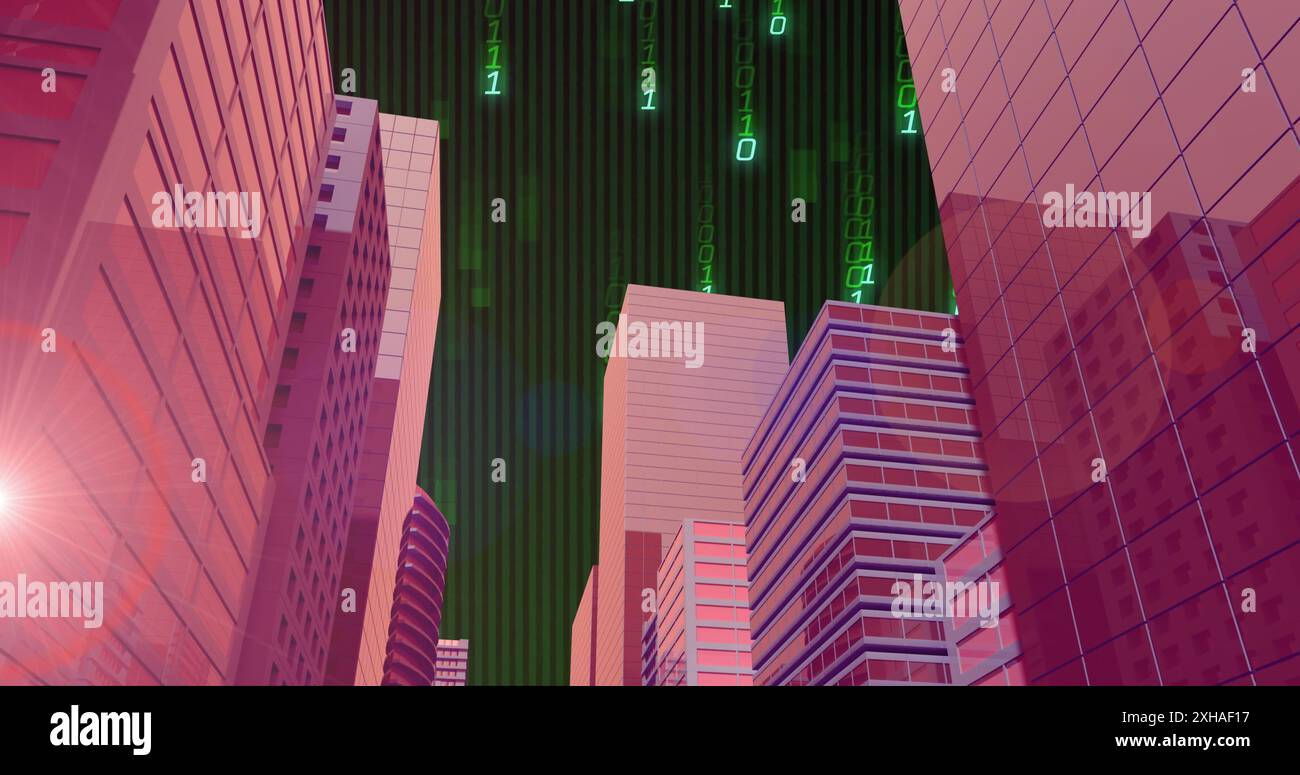 Overlaying digital binary code on modern skyscrapers in futuristic ...