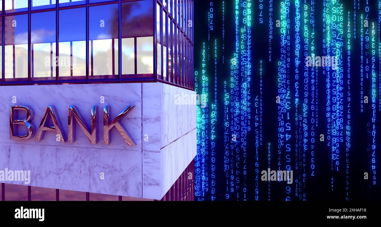 Bank building with digital code overlay, representing modern financial ...