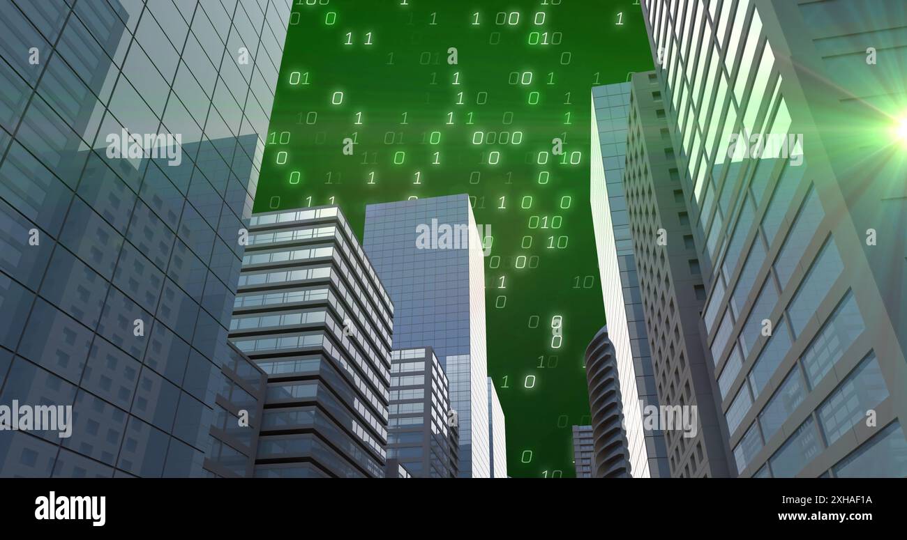 Overlaying digital binary code on modern skyscrapers in financial district. Technology ...
