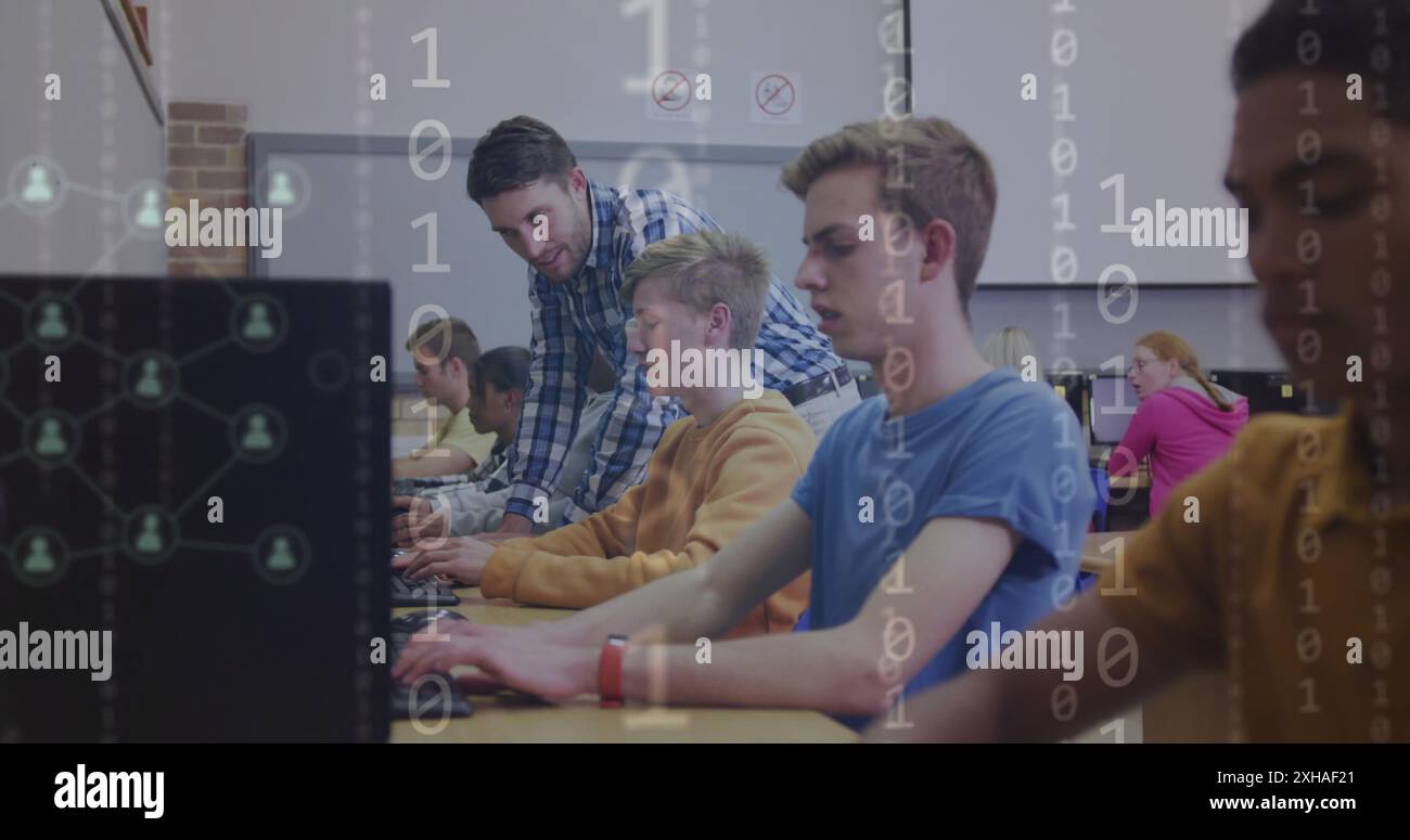 Image of binary coding and icons over diverse students using computers with teacher. Education ...