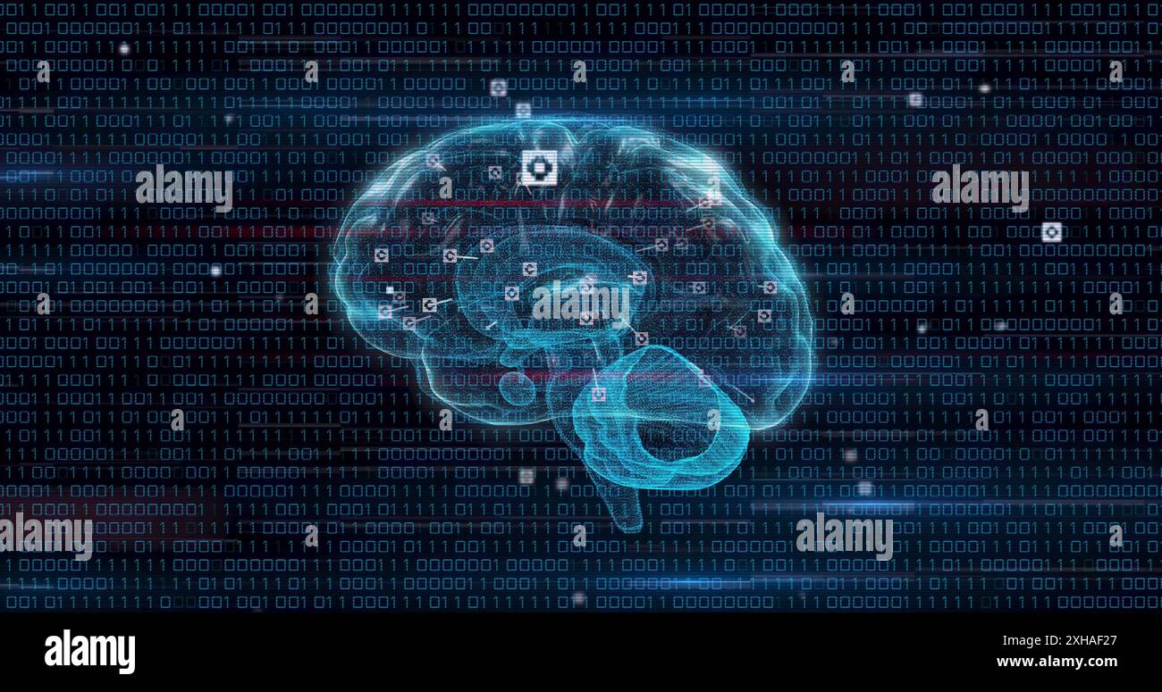 Image of data processing and icons over digital brain spinning Stock Photo - Alamy