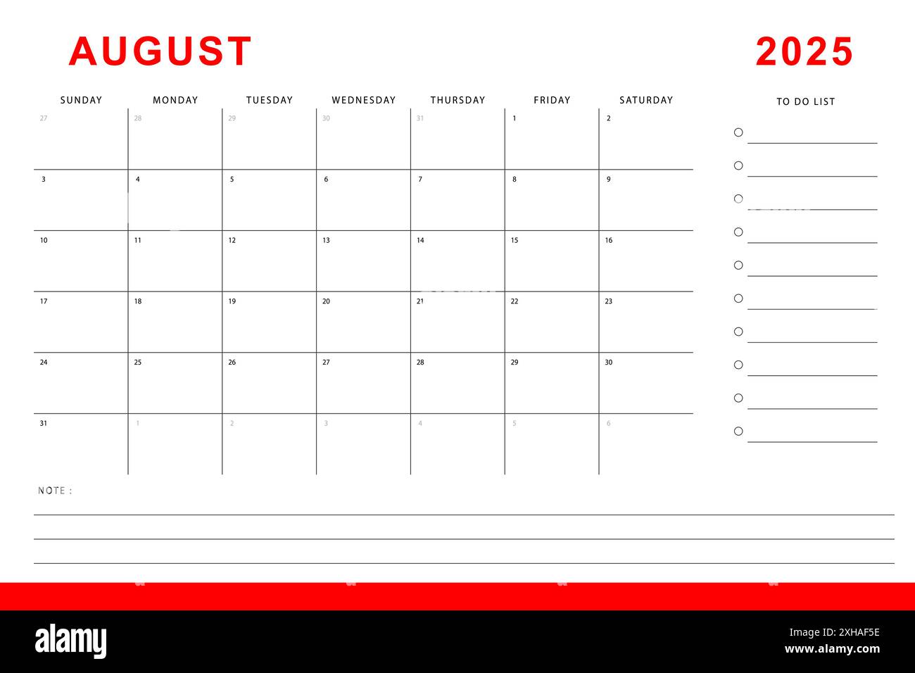 August 2025 calendar. Monthly planner template. Sunday start. Vector ...