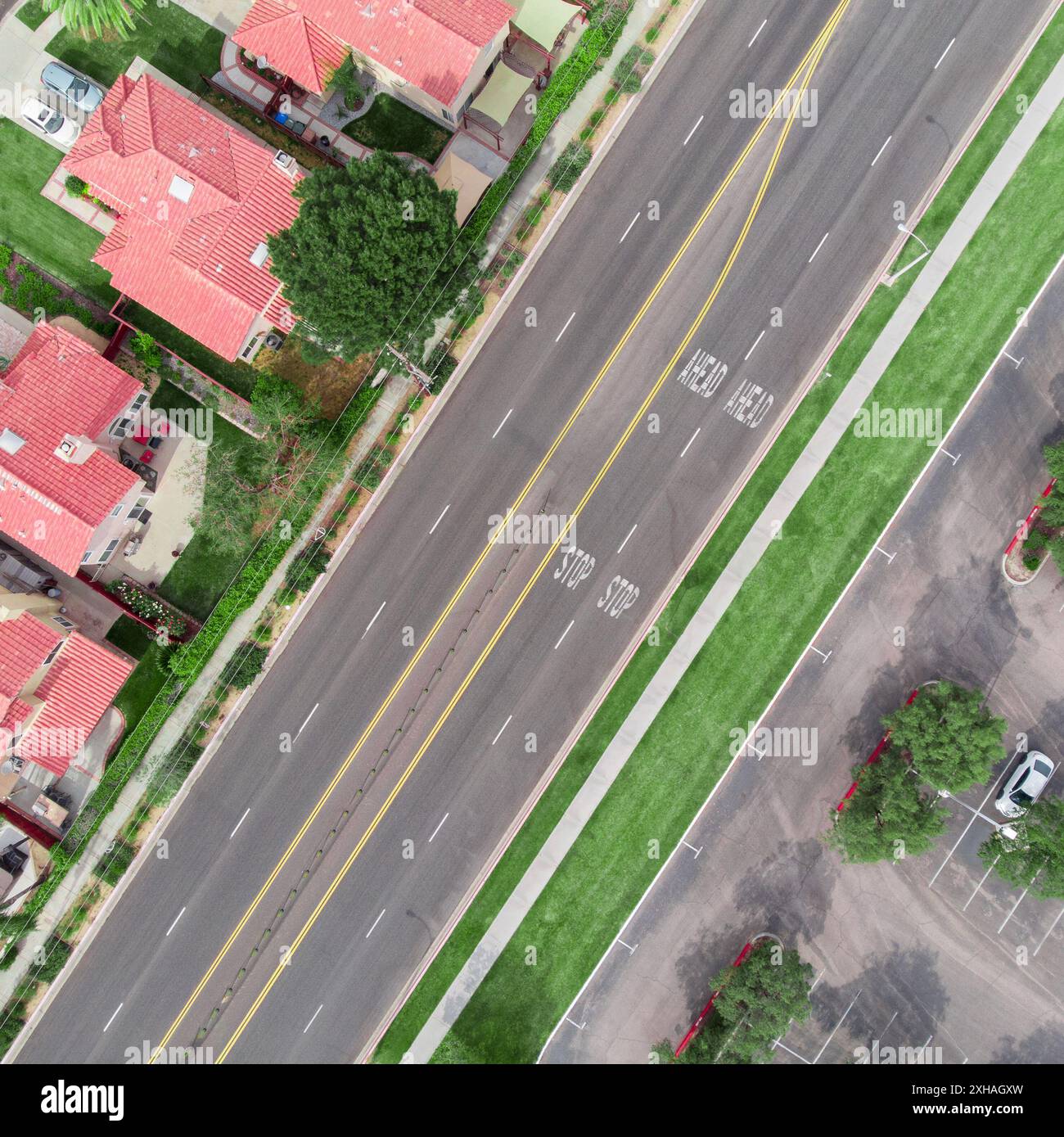 Drone view from above street diagonal angle. Bird's eye view. Redlands ...