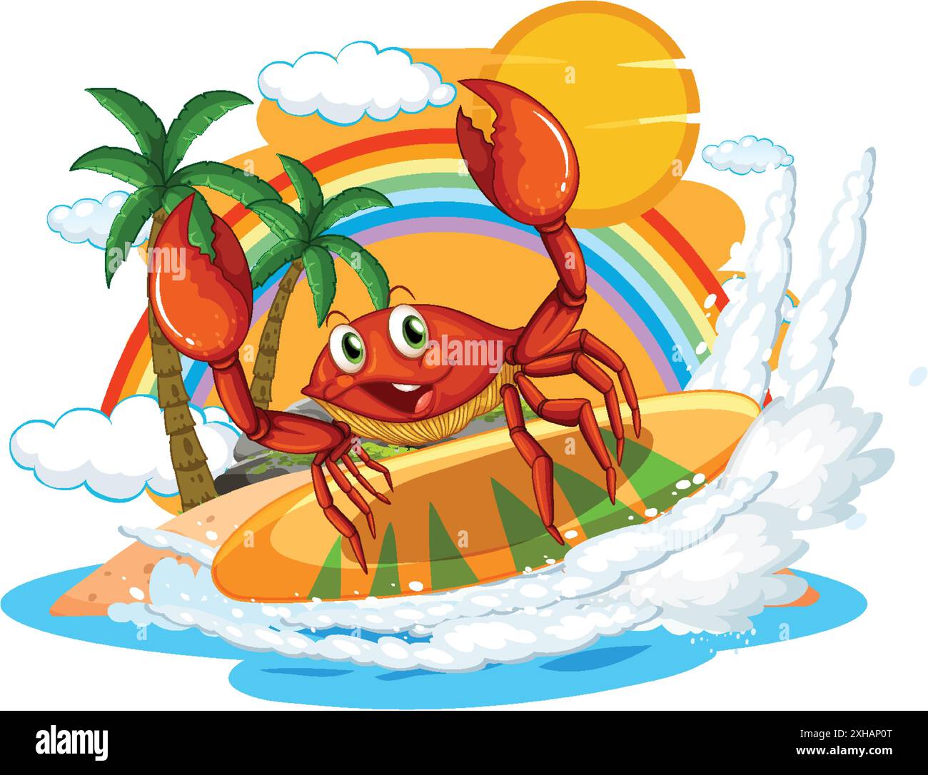 A cheerful crab surfing with a rainbow background Stock Vector Image ...
