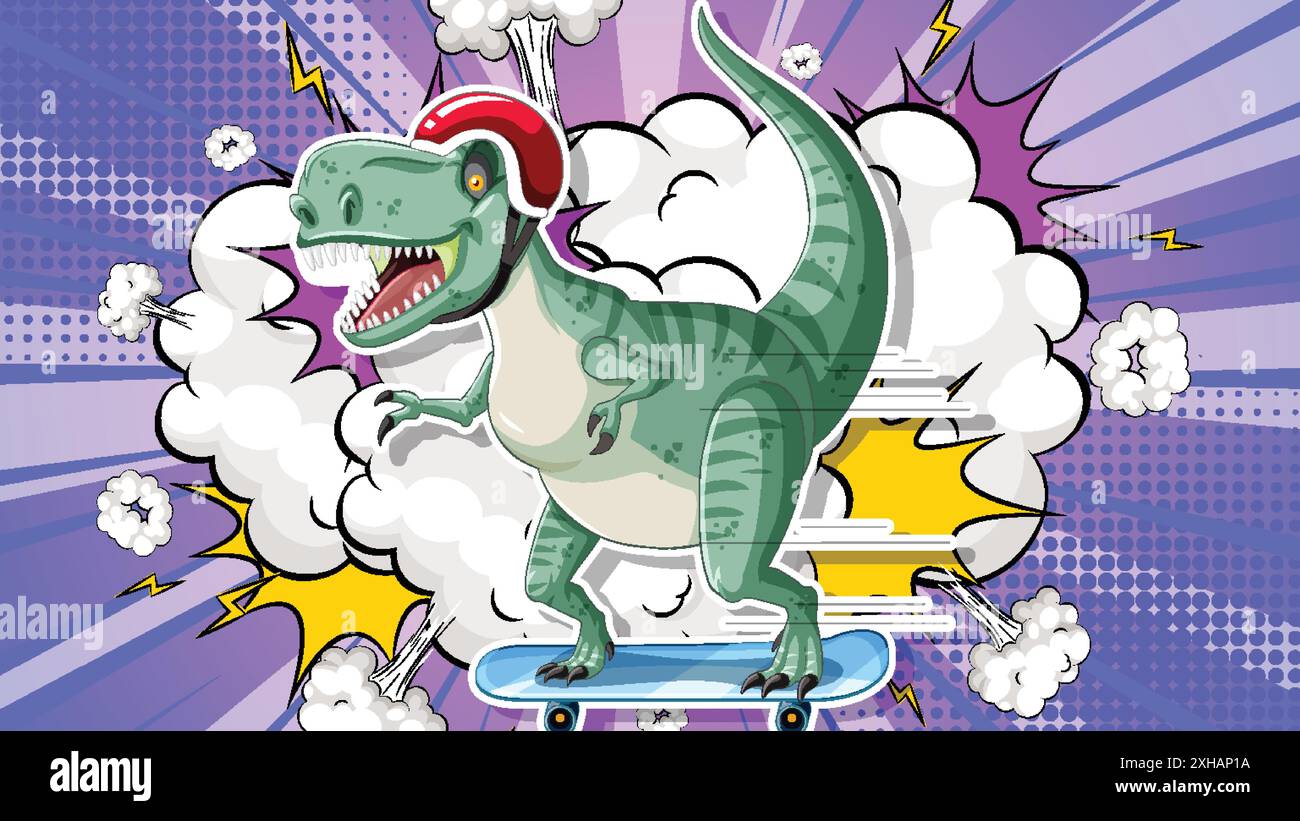 Dinosaur on skateboard with comic-style background Stock Vector Image ...