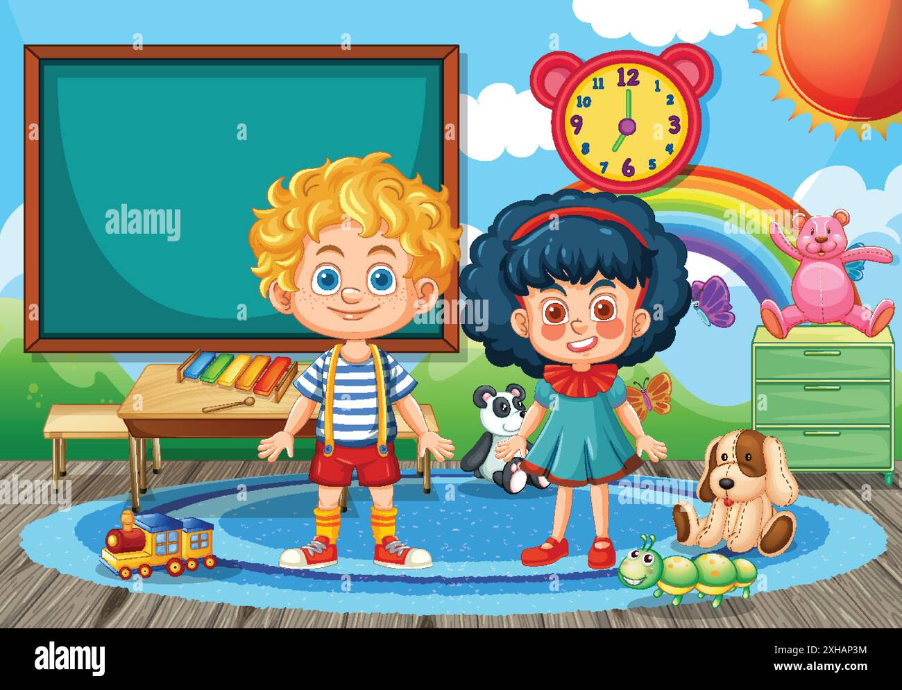 Two kids in a vibrant, playful classroom setting Stock Vector Image ...