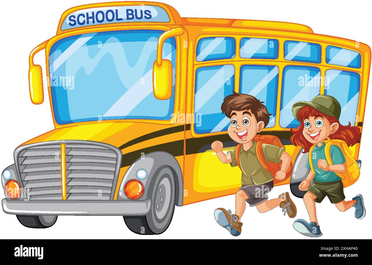 Kids happily running towards a yellow school bus Stock Vector Image ...
