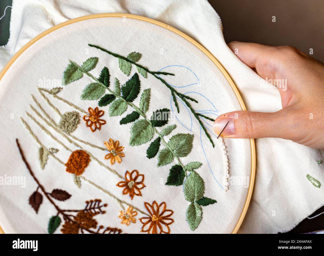 Woman's hands working on embroidery with thread and needle Stock Photo ...