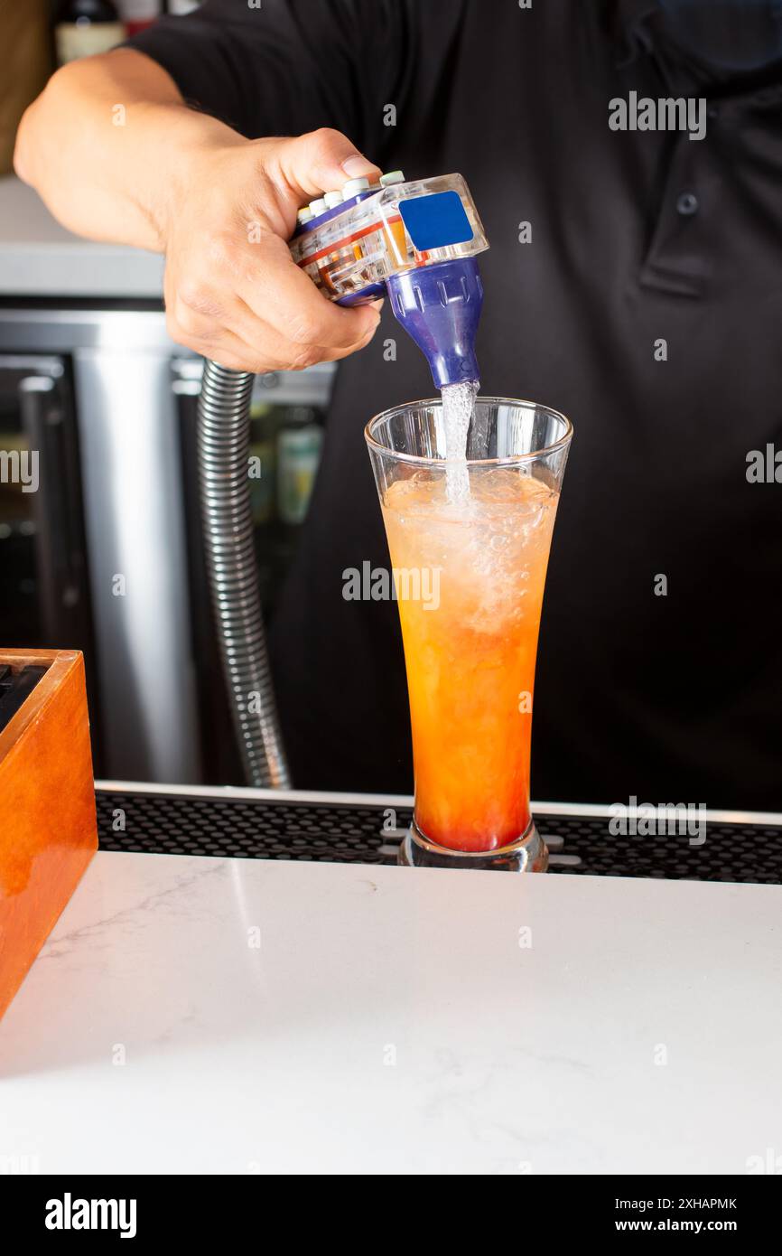 A view of a bartender behind the counter, preparing a cocktail ...