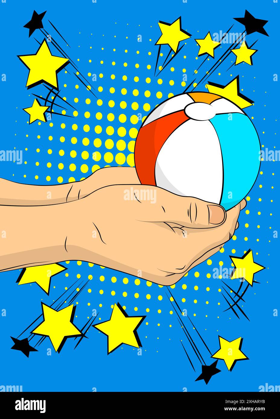 Cartoon, comic book human hands holding Beach Ball. Retro vector comics ...