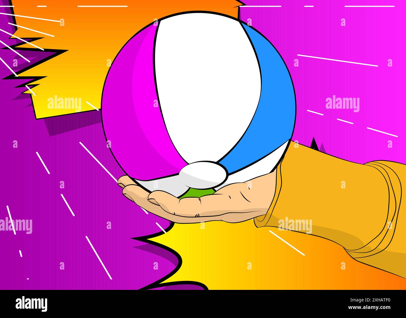 Cartoon, comic book human hands holding Beach Ball. Retro vector comics ...