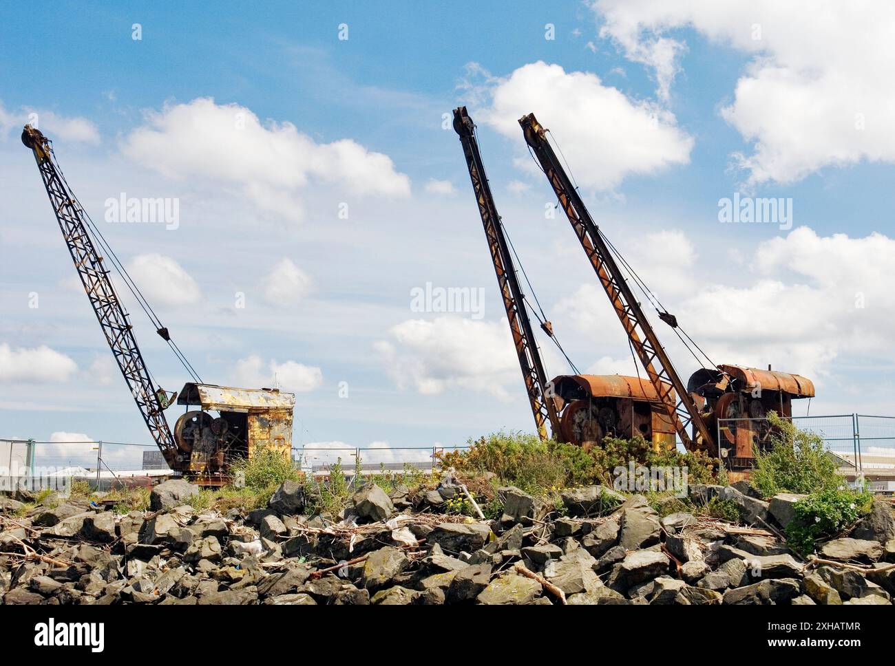Belfast shipyards, Northern Ireland. Vintage steam powered cranes ...