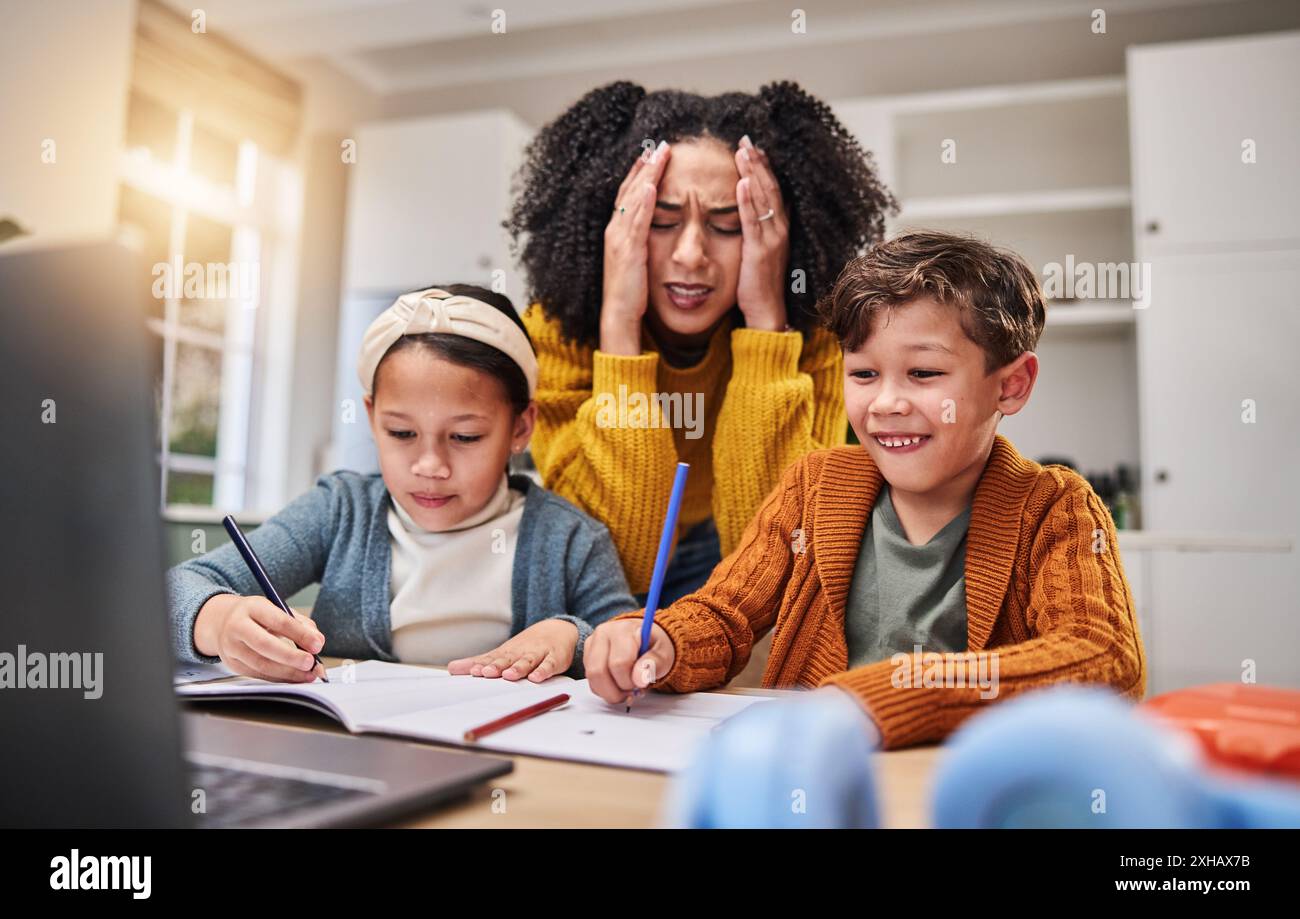 Mom, stress and kids with homework, laptop and burnout or tired for ...