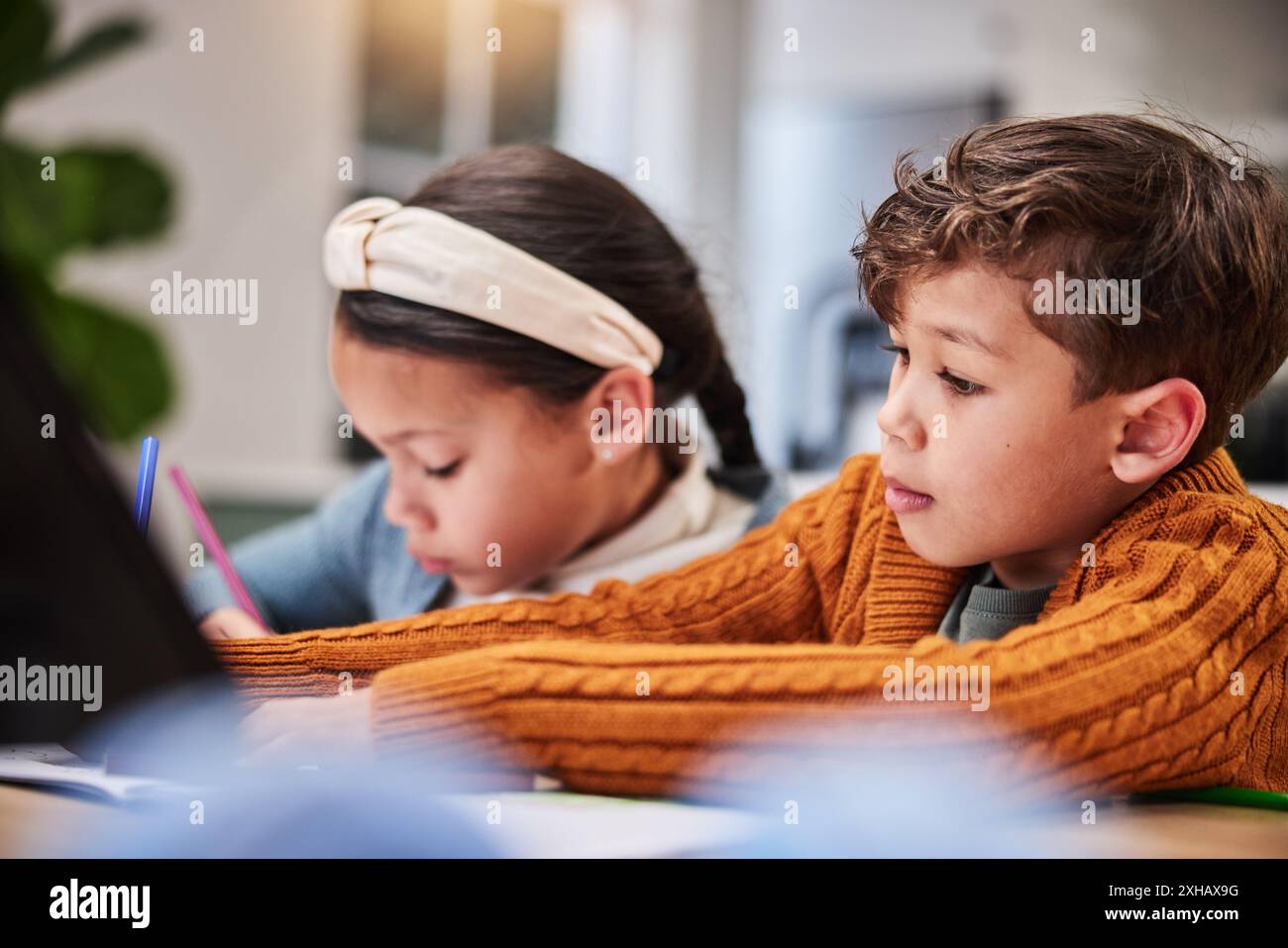 Education, writing book and children with homework for language ...