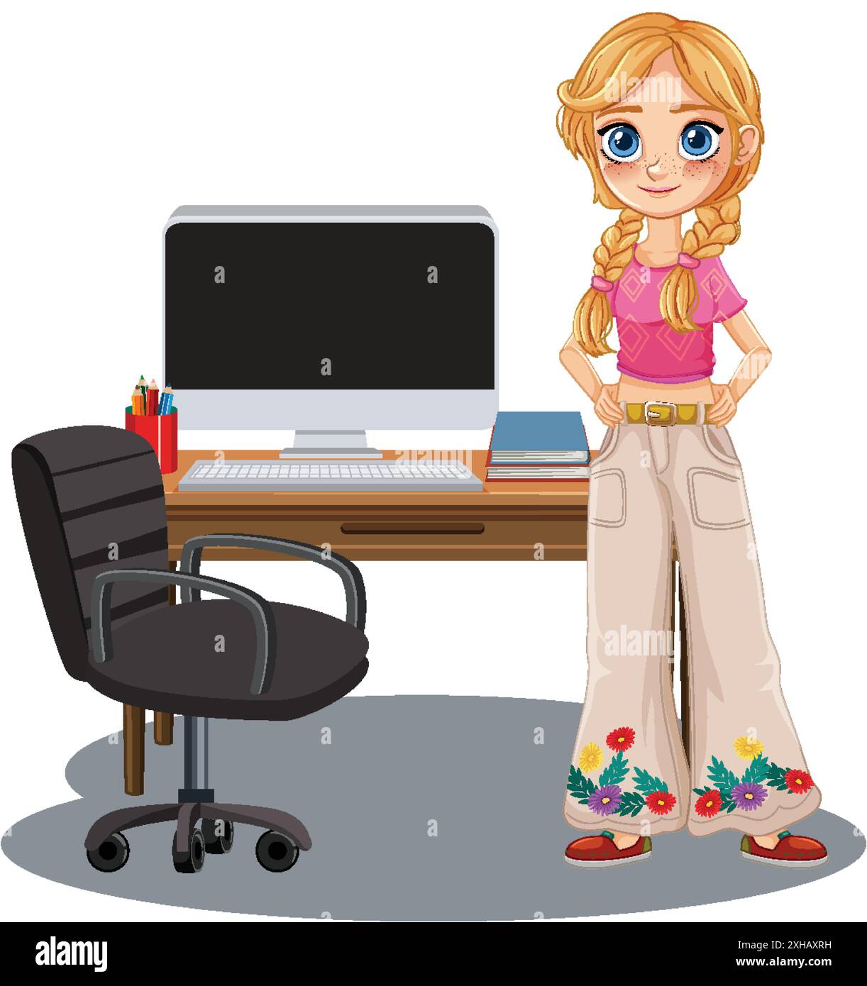 Girl standing by desk with computer Stock Vector Image & Art - Alamy