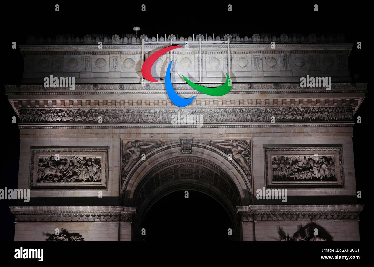 The Paralympic symbol is displayed on Arc de Triomphe in Paris on July ...