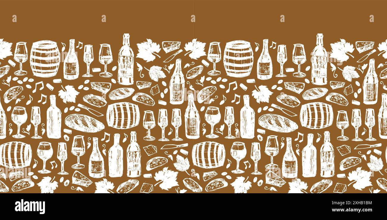 Vector brown monochrome wine bar pen sketch doodle horizontal border ...