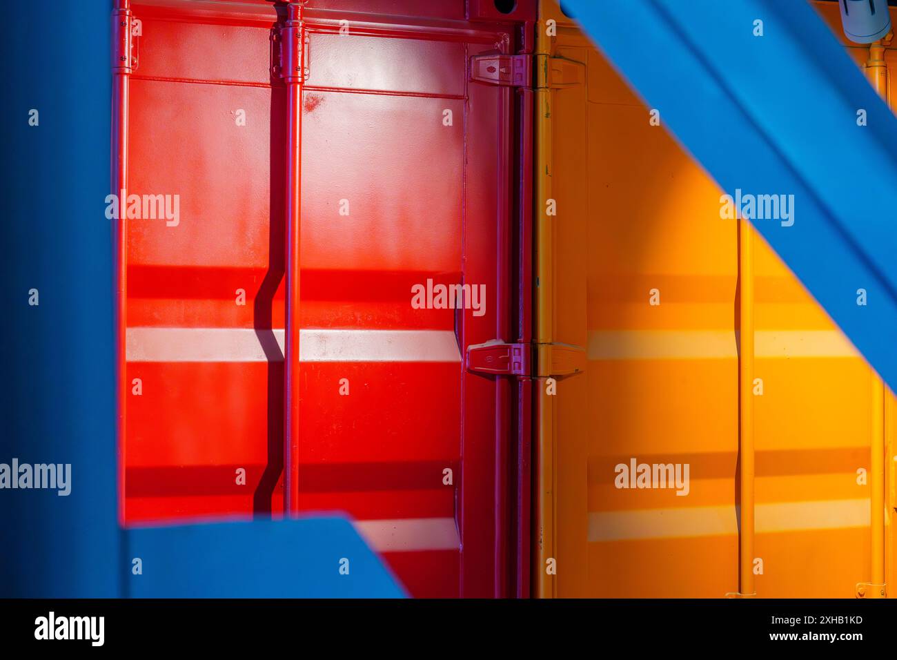View of warehouse building with various colorful rafters (roof beams ...