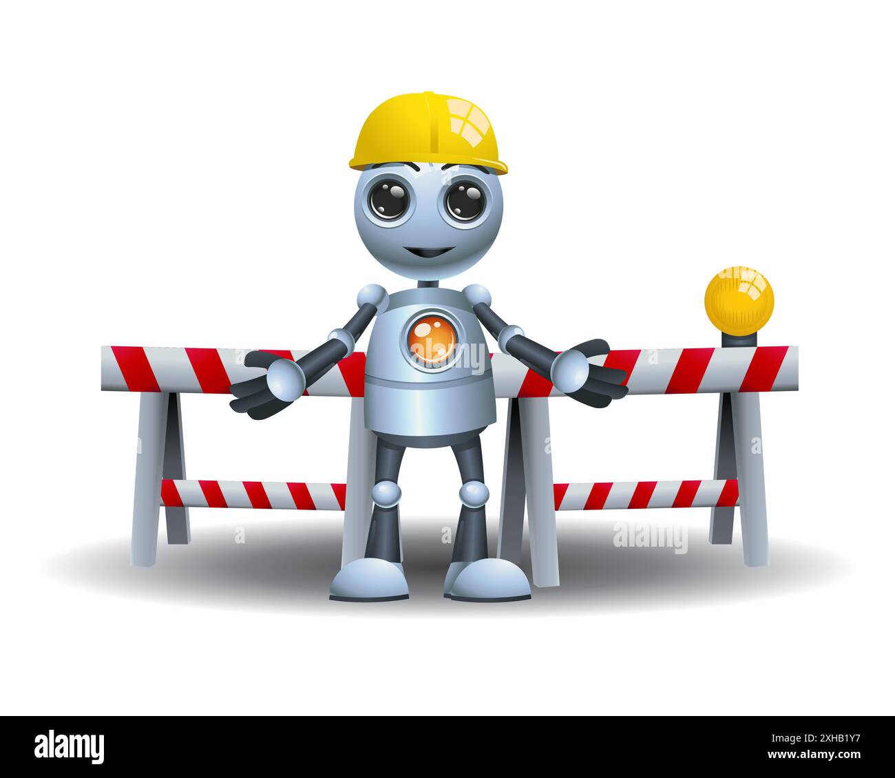3D illustration of a little robot under construction worker in front of ...
