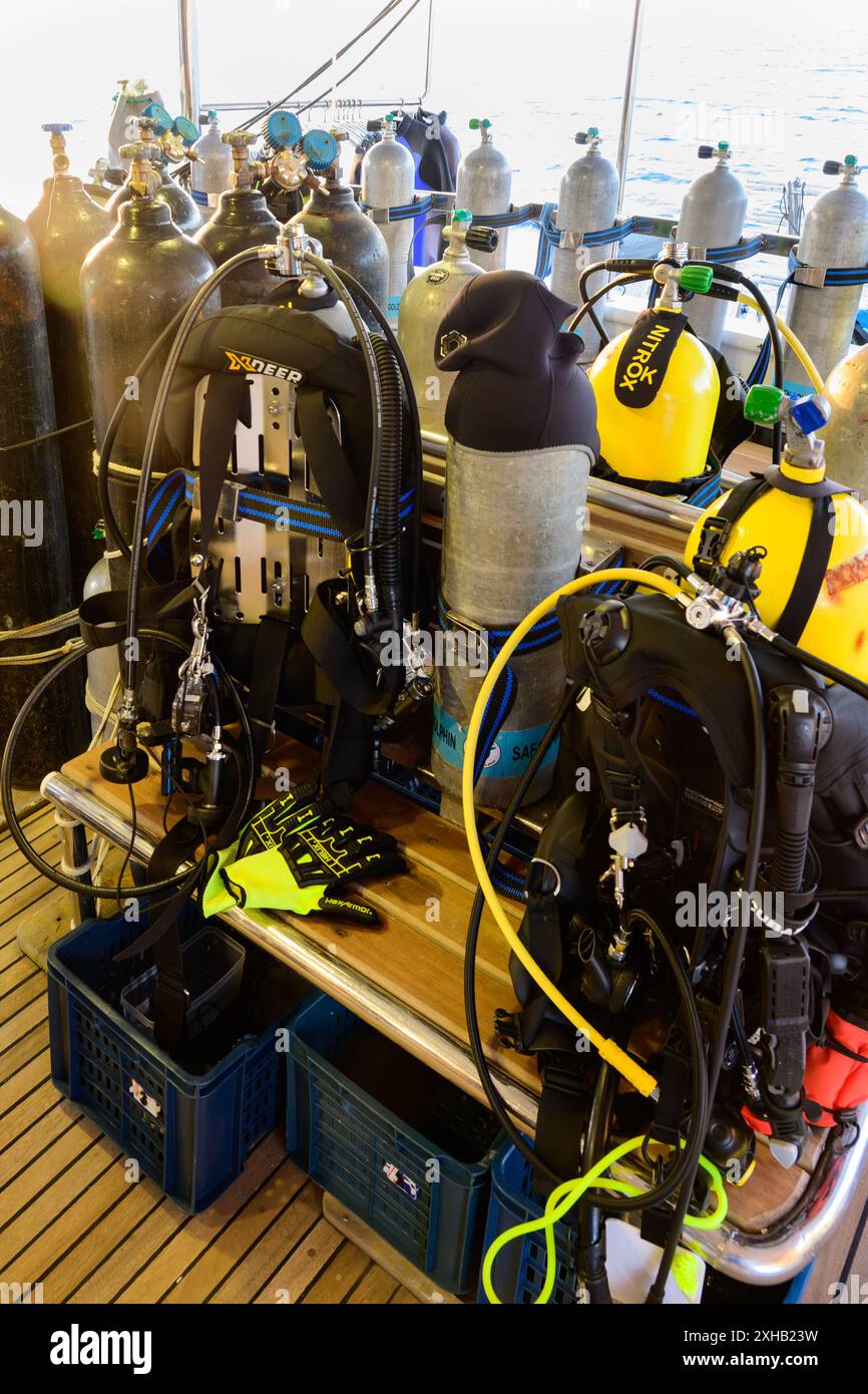 Red Sea, Egypt - May 13 2024: Liveaboard Dive Deck with Scuba Equipment ...