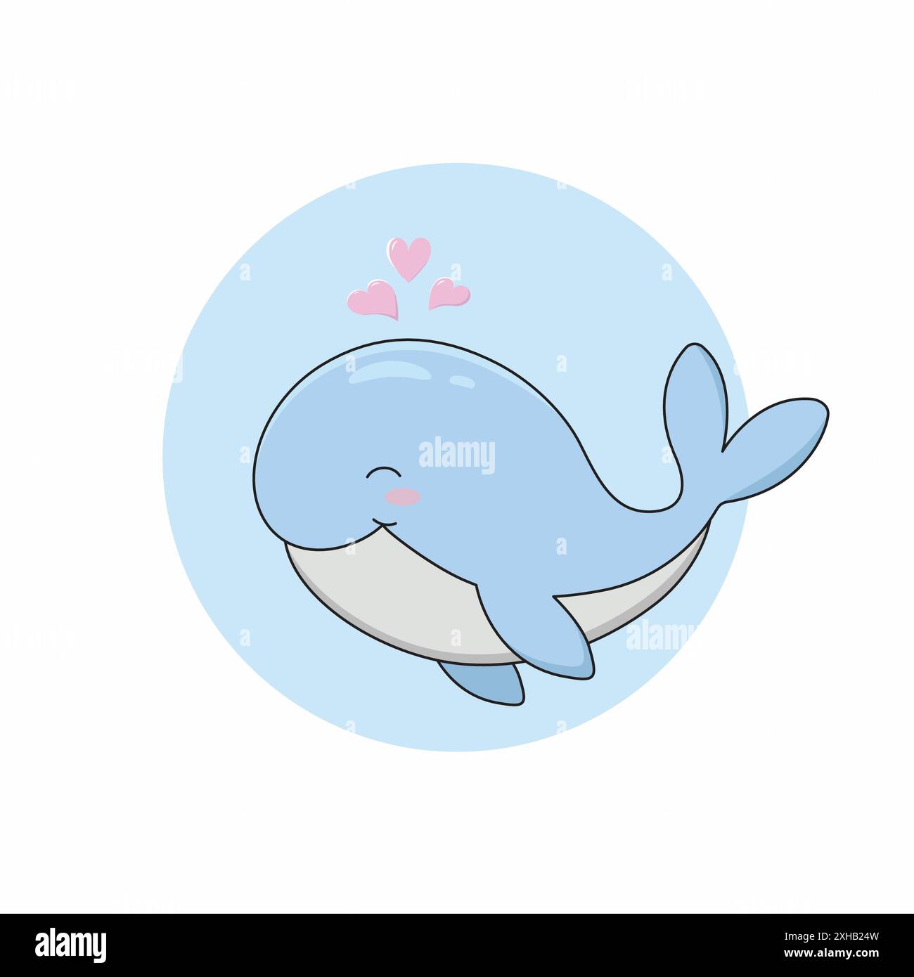 Cute Little Whale on Blue Circle Background with Little Pink Hearts ...