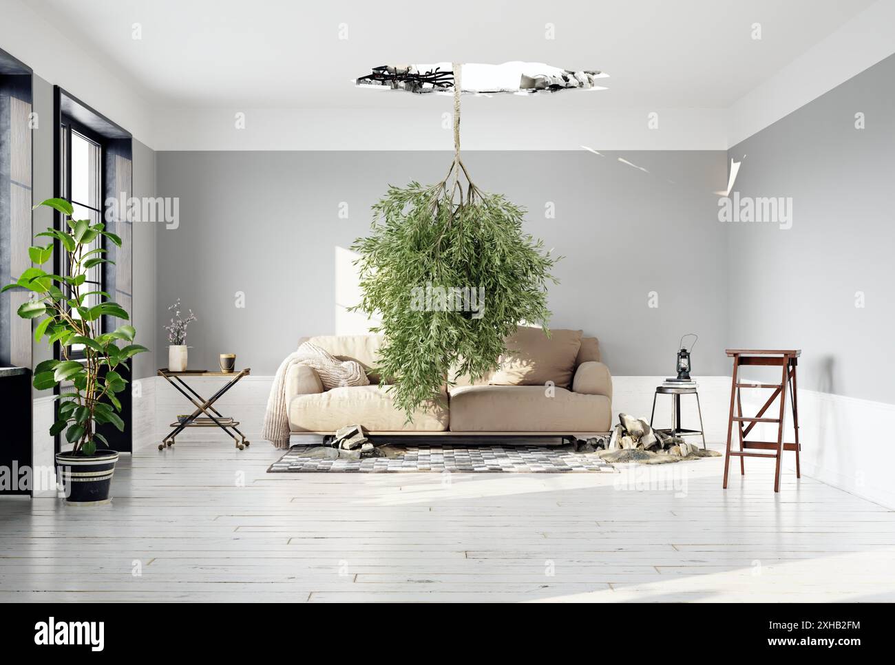 modern living room with broken ceiling . Concept idea 3d render Stock ...