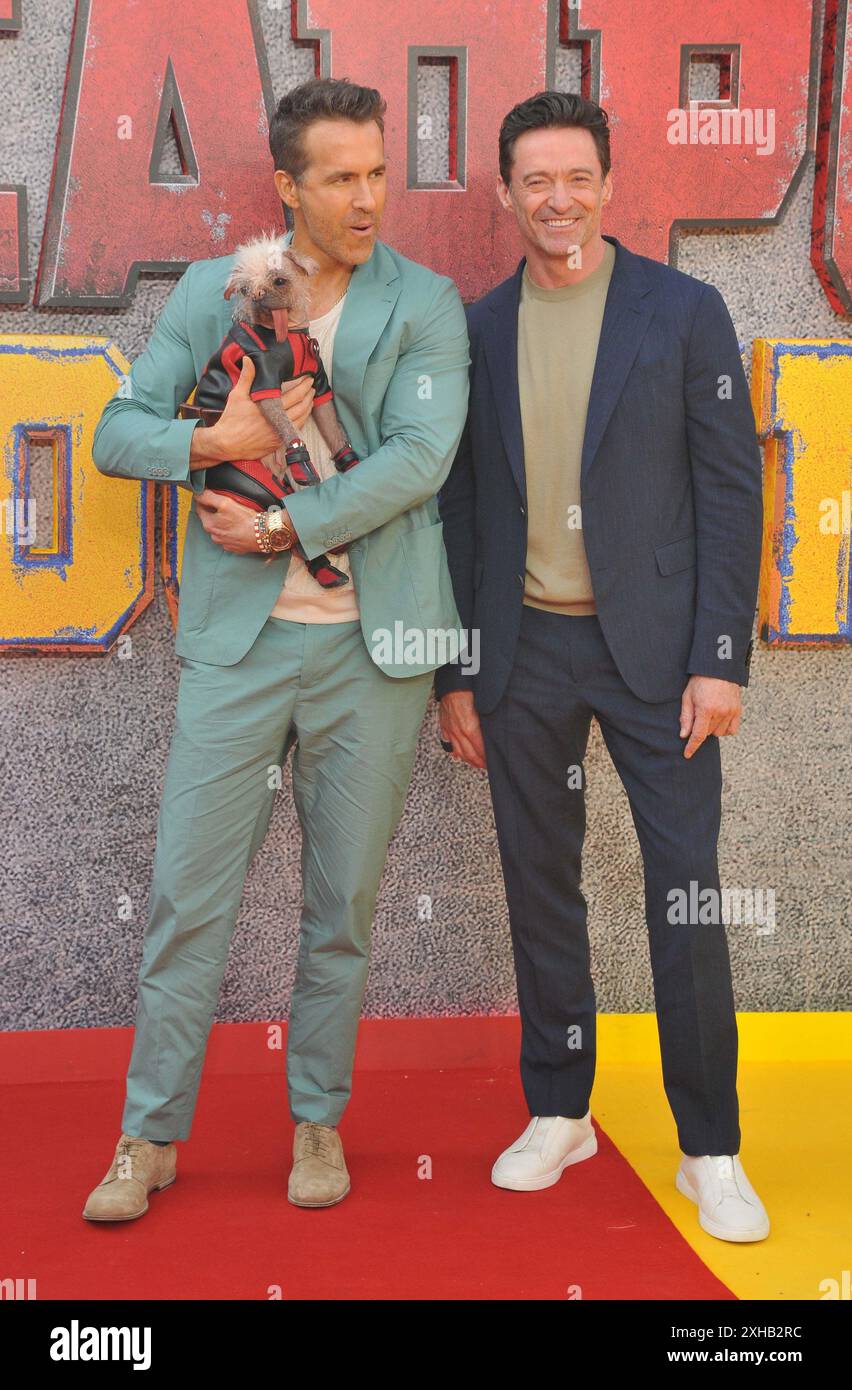 Peggy the dog, Ryan Reynolds and Hugh Jackman at the "Deadpool ...