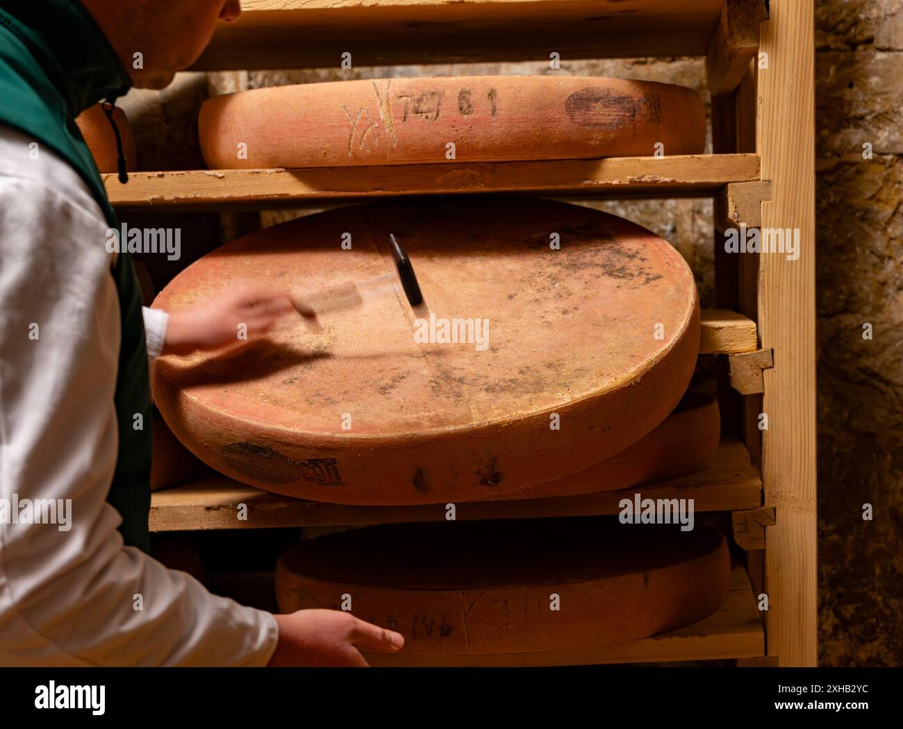 Cheese check in aging rooms with many shelves in caves, central ...