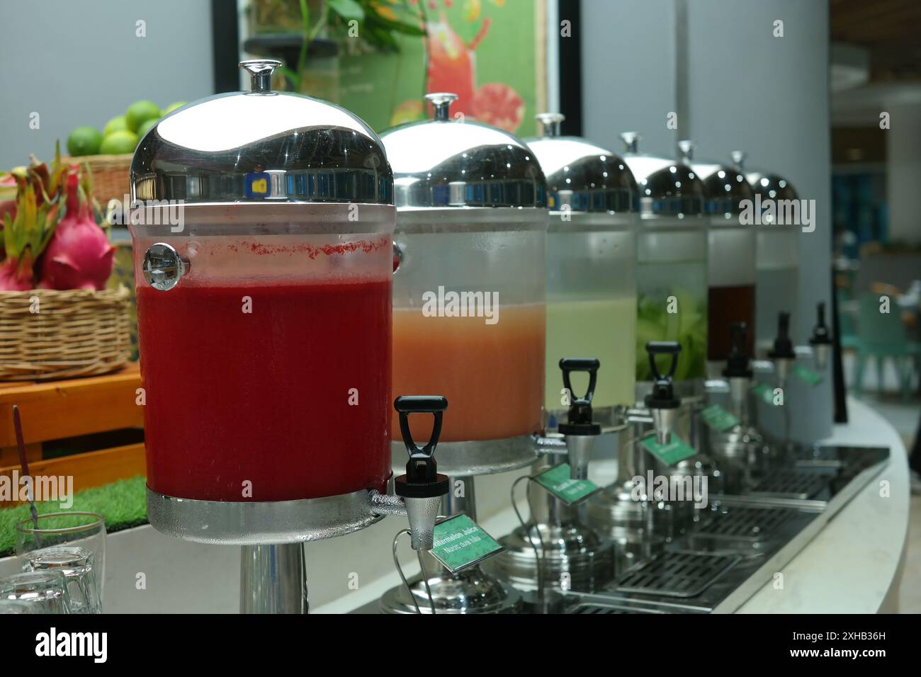 Fruit juice and water in plastic bottles on hotel buffet Stock Photo ...