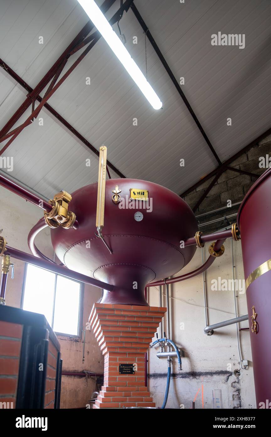 Double distillation process of cognac spirits in Charentias copper ...