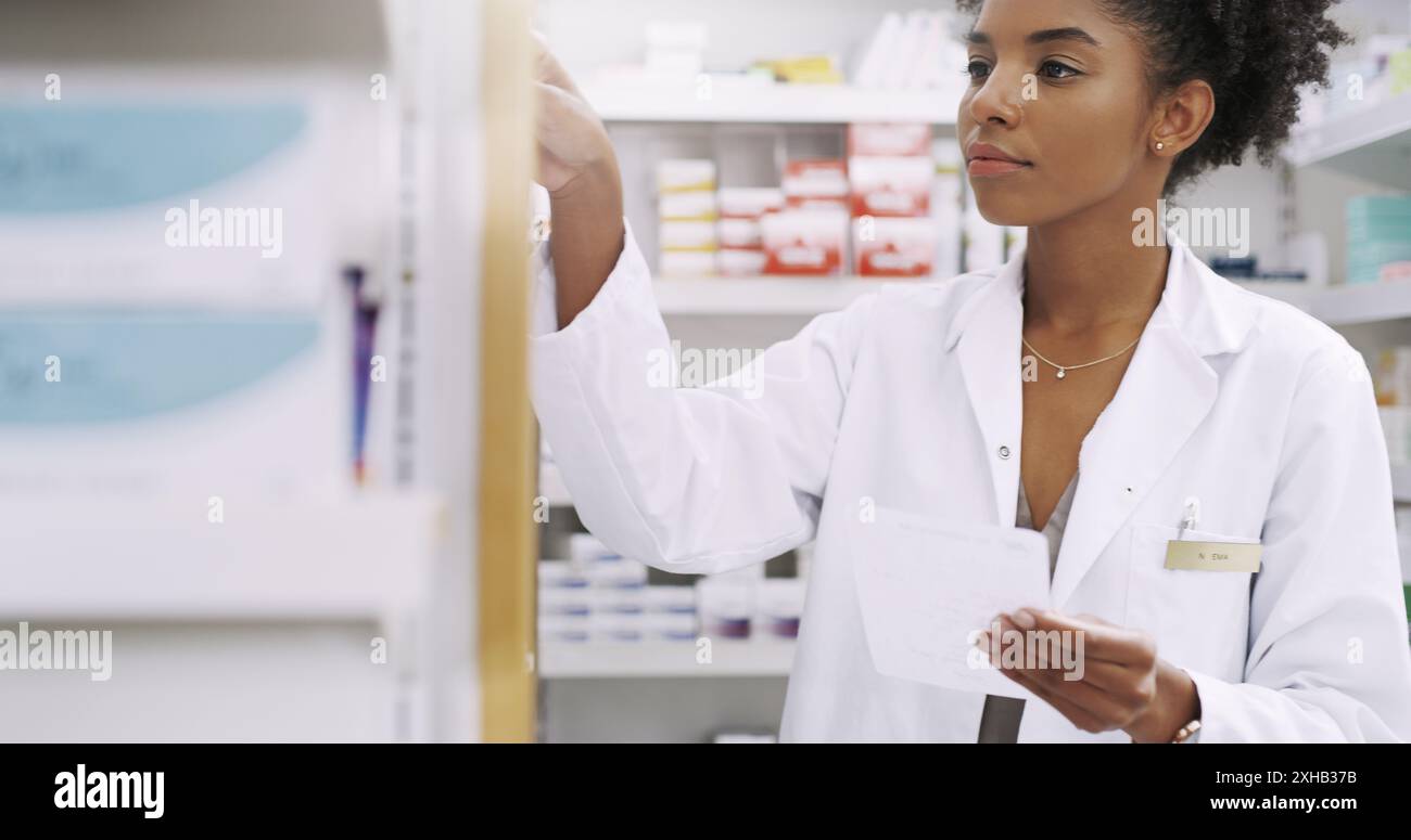 Black woman, pharmacist and checking shelf with prescription for ...