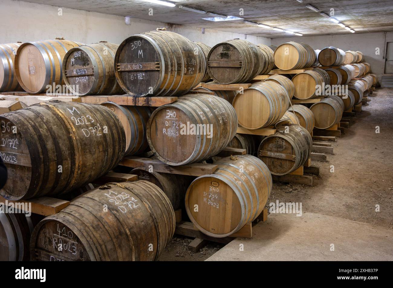 Aging process of cognac spirit in old dark French oak barrels in cool ...