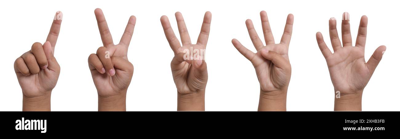Child's hand gesturing one to five isolated on white background. Child ...