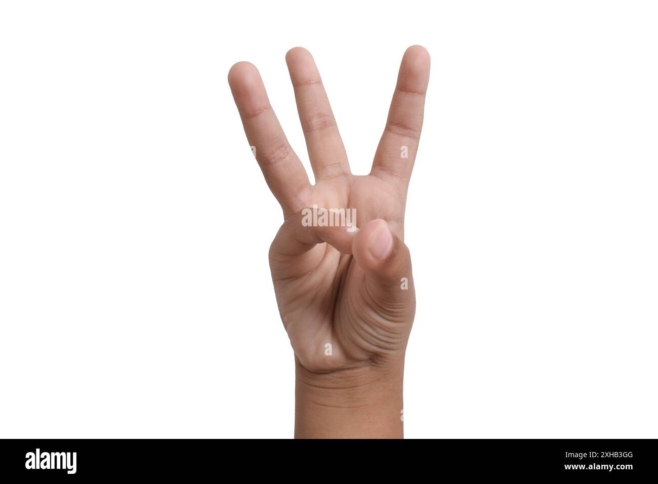 Child's hand showing three fingers isolated on white background. hands ...