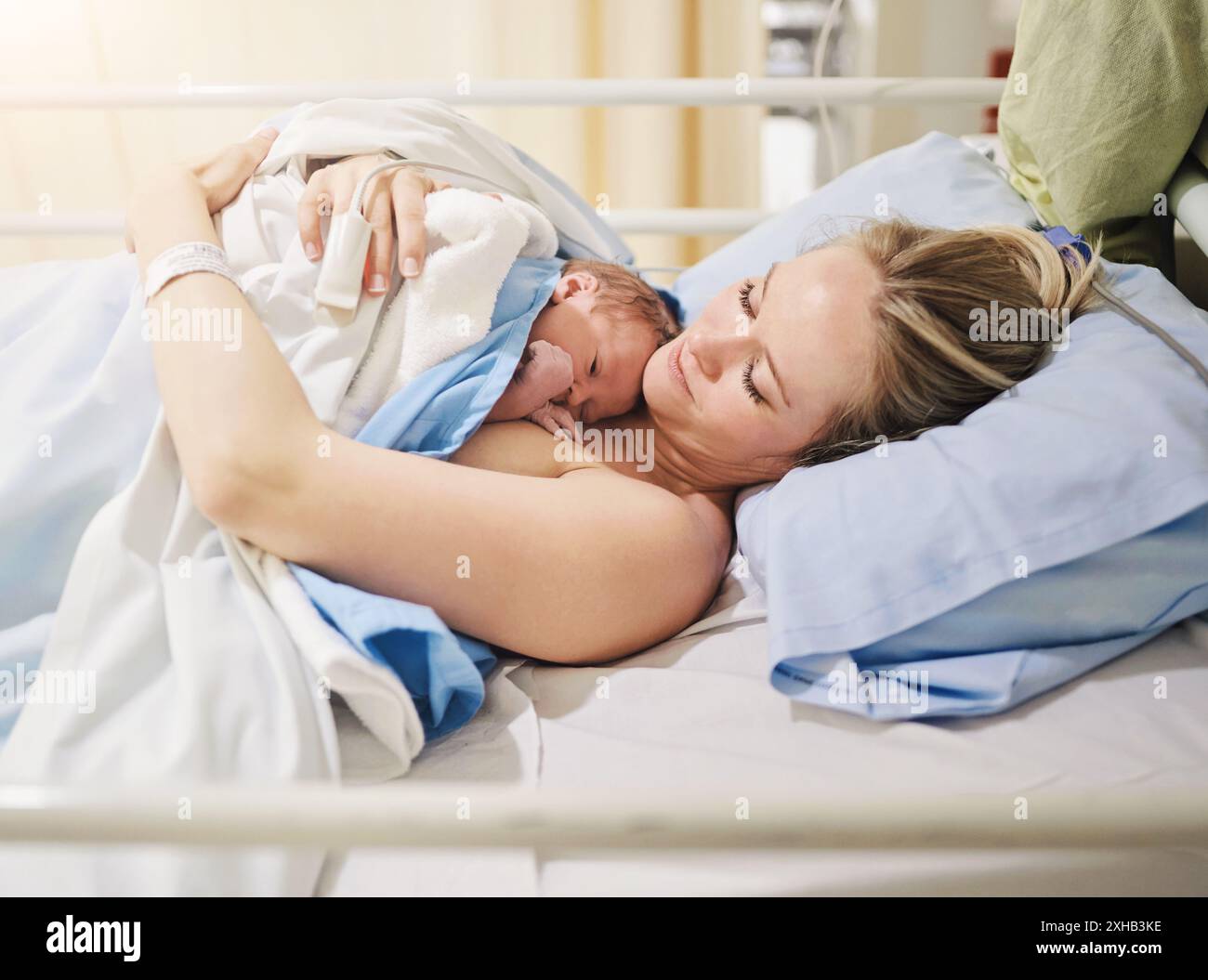 Birth, love or skin with mother and baby in hospital for healthcare ...