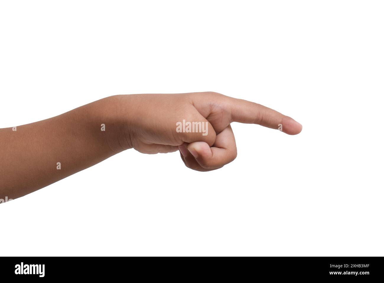 Child's hand pointing to the side isolated on white background. Copy ...