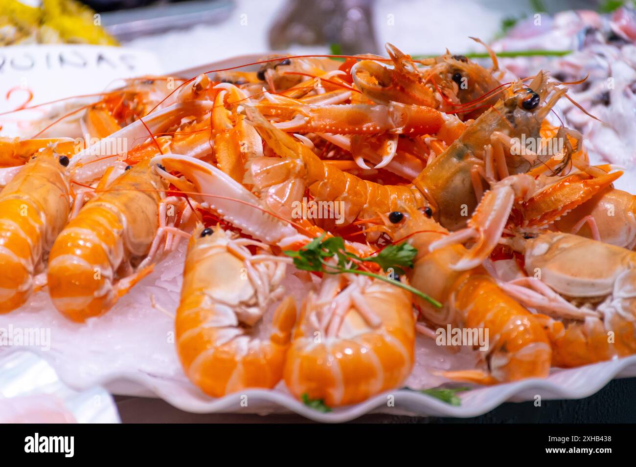 Assortment of fresh daily catch of prawns, seashells, molluscs on ice ...