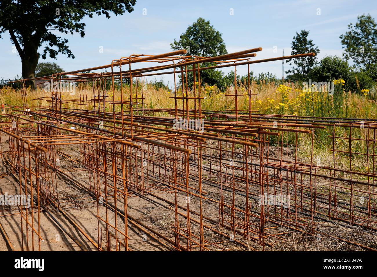 Reinforcing steel mat basket standing on the ground of a construction ...