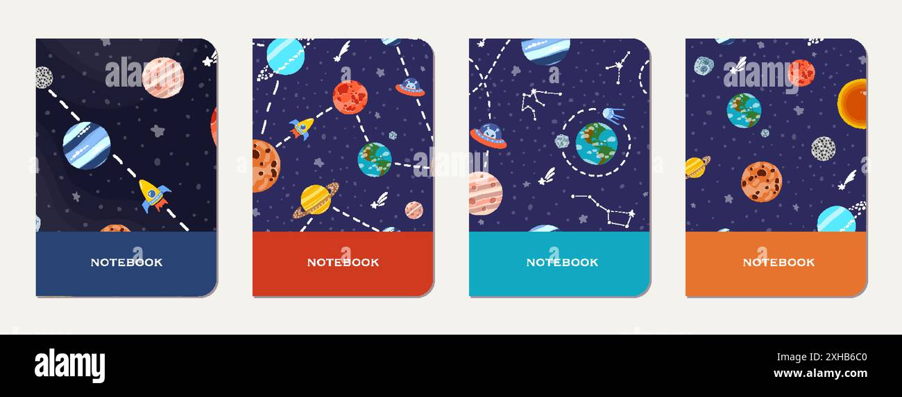 School diary cover design with childish galaxy. Cute design for kids ...
